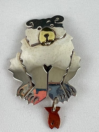 Far Fetched Sterling Silver Brass Copper Salmon Hunting Bear Brooch Pin ...