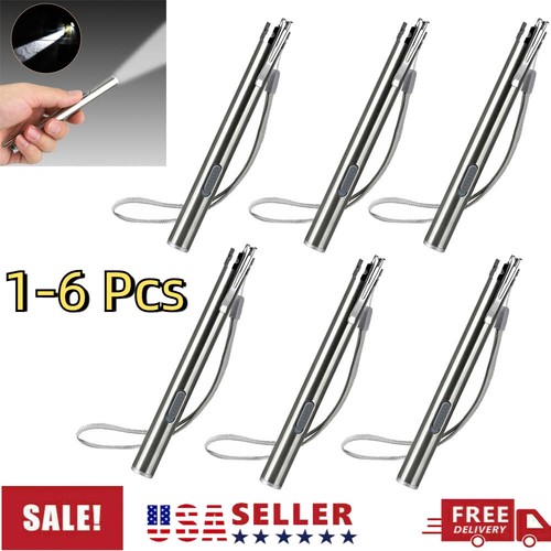 1-6Pcs Mini LED Flashlight USB Rechargeable Stainless Steel Pen Light ...