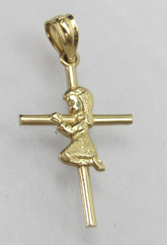 14k Yellow Gold Girl Praying on Cross Young Child Pendant Charm Marked ...