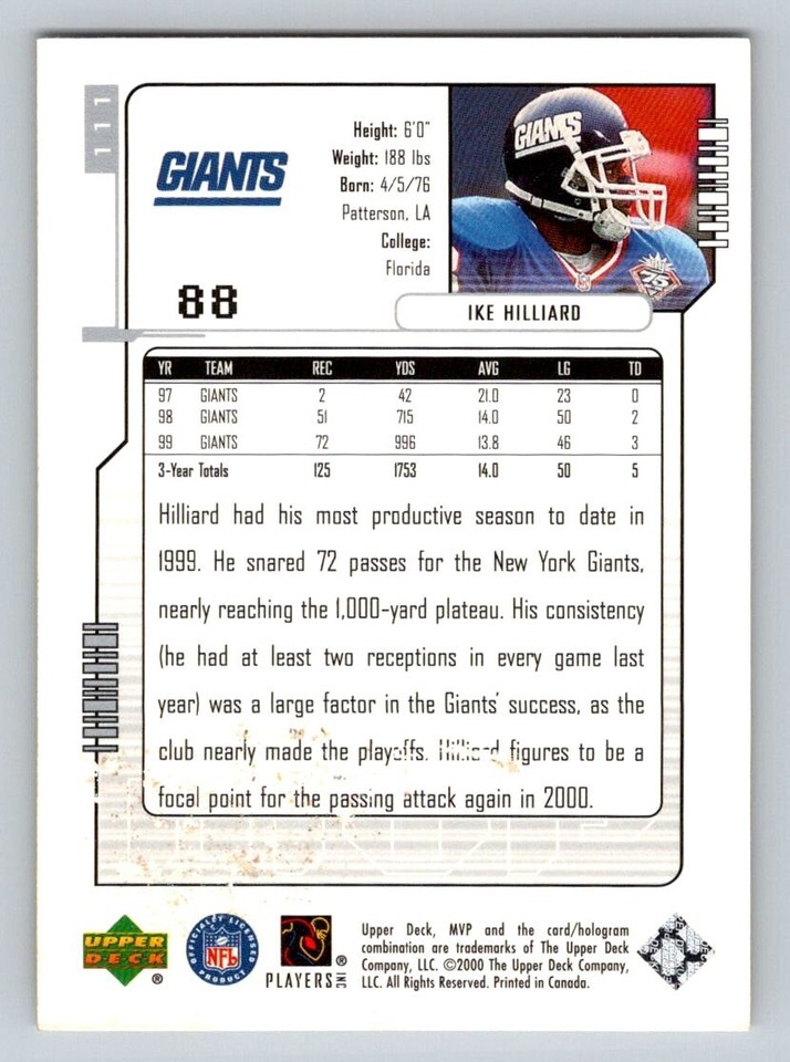 2000 Upper Deck MVP Silver Script Ike Hilliard #111 New York Giants | eBay
