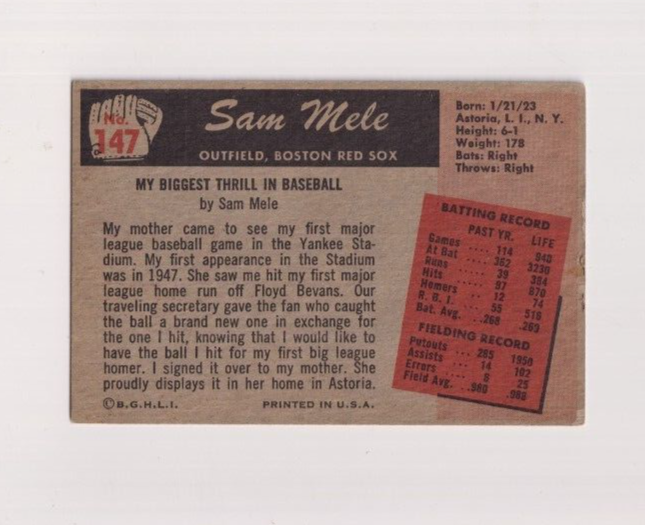 SAM MELE 1955 BOWMAN BASEBALL VINTAGE CARD #147 BOSTON RED SOX BASEBALL ...