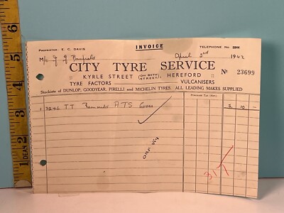 1942 City Tyre Service remount tires Invoice , Herefordshire, England ...
