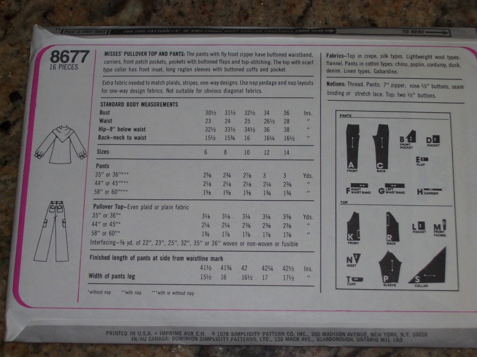 🌺UNCIRCULATED 1978 SIMPLICITY #8677-LADIES JEANS & PULLOVER TOP PATTERN ...