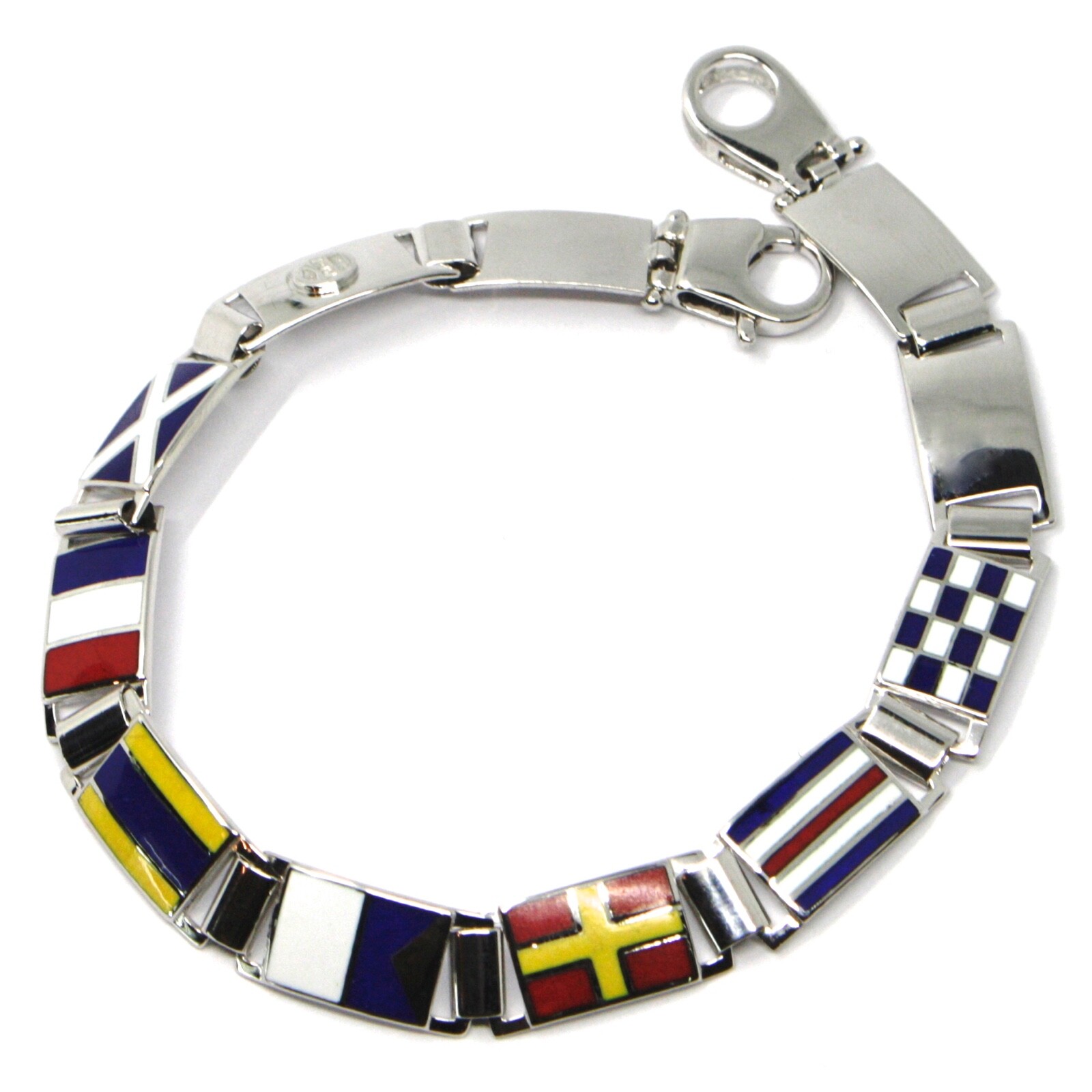 SOLID 18K WHITE GOLD BRACELET BIG ENAMEL NAUTICAL 8mm FLAGS, 8.5", MADE ...