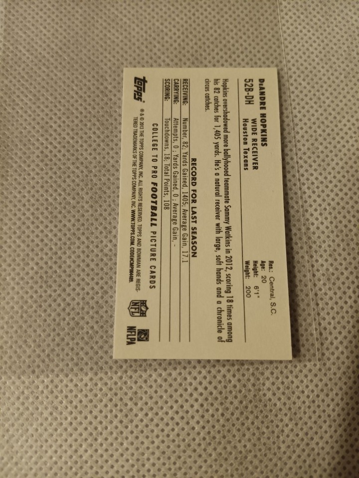 2013 DEANDRE HOPKINS BOWMAN RETRO MINI NFL ROOKIE CARD RC #52B-DH ...