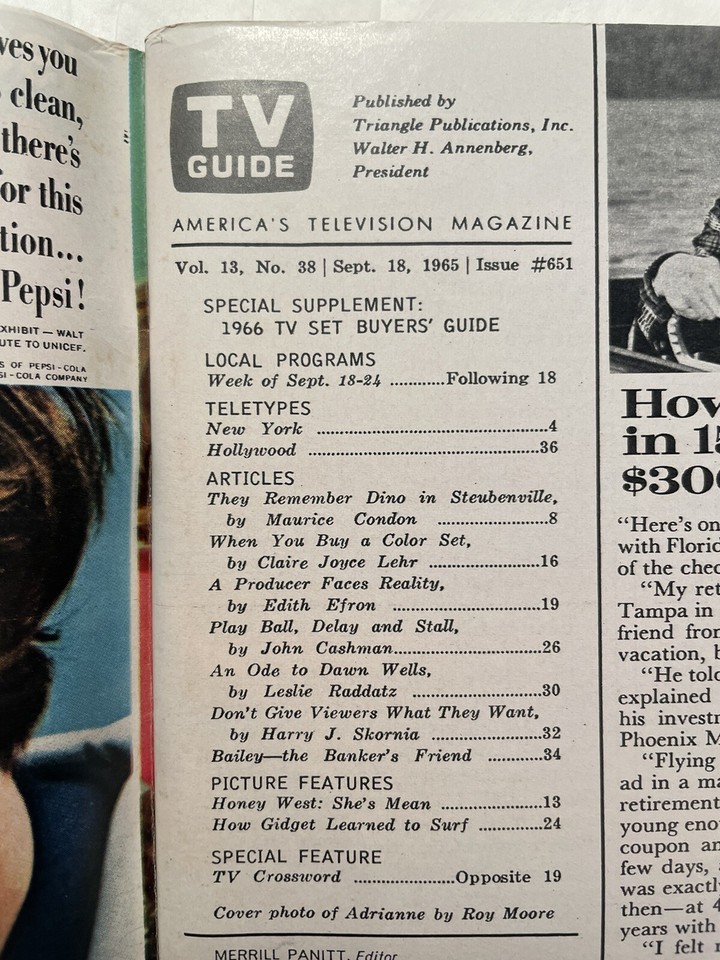 TV Guide September 1965 Gidget HONEY WEST Dawn Wells Dean Martin Anne ...