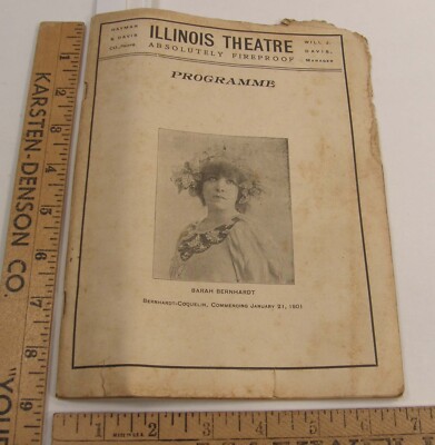 ANTIQUE 1900 PROGRAM ILLINOIS THEATER CHICAGO W/SARAH BERNHARDT ...