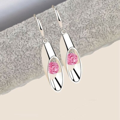 New Silver Plated Pink Crystal CZ Elongated Oval Set Hook Dangle Drop ...