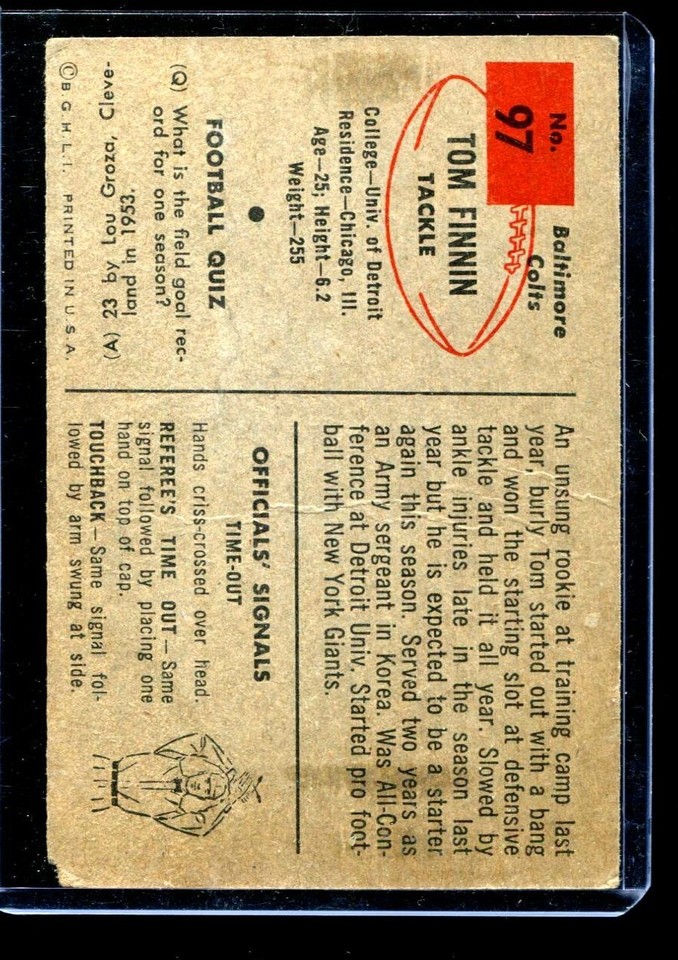 1954 Bowman Football #97 Tom Finnin Finnan Variation PR LOOK! | eBay