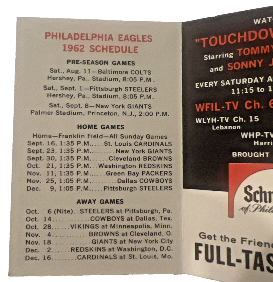 1962 Philadelphia Eagles NFL Football Schedule Schmidt's Beer ...