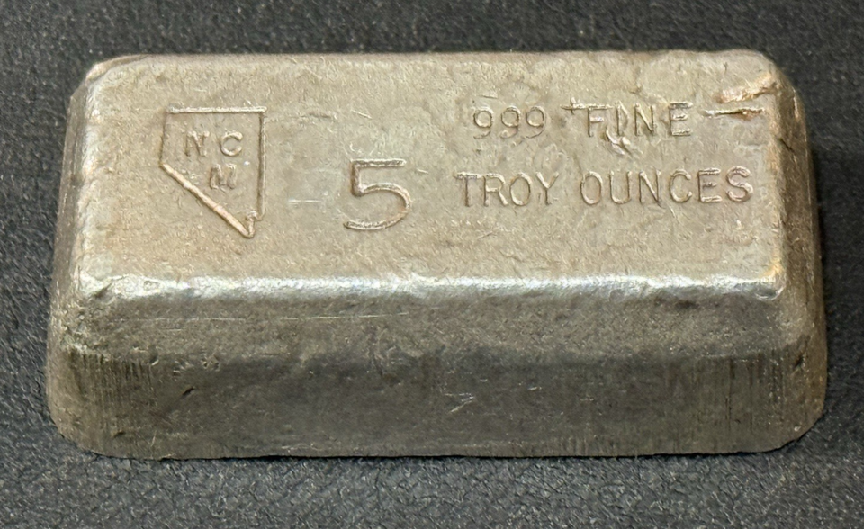 Vintage 5 Oz .999 Fine Silver NCM Nevada Coin Mart Ingot Style Bar ...