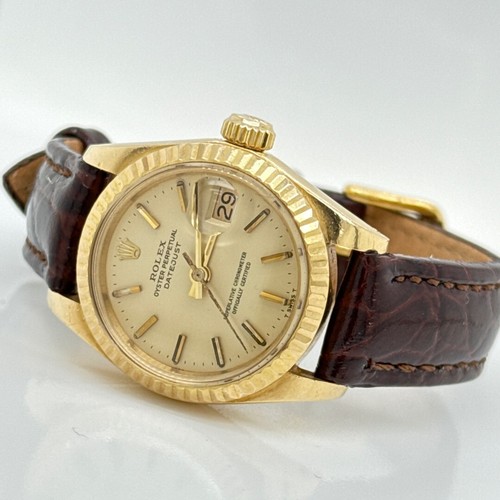 Lady Rolex Solid 18K Yellow Gold Datejust Watch Leather Band Champagne ...