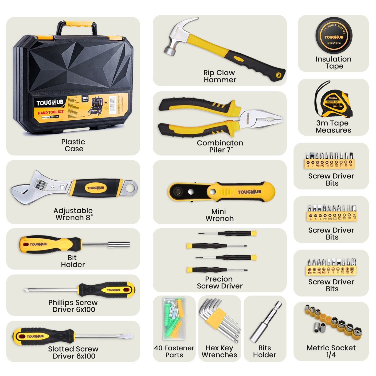 ToughHub 100 Piece Home Repair Tool Kit with Case Hammer Sockets Pliers ...