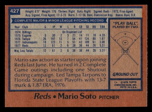 1978 Topps Mario Soto #427 Cincinnati Reds ROOKIE CARD HIGH GRADE NO ...
