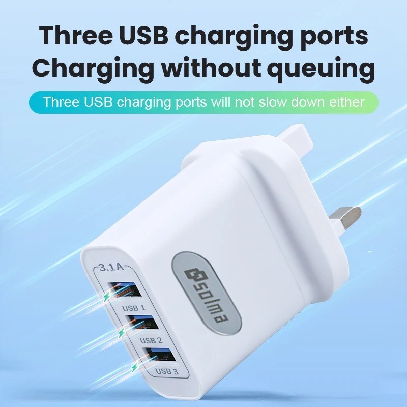 UK 3 Pin Dual USB Plug Adapter Mains Wall Charger 3 USB Port For Phones ...