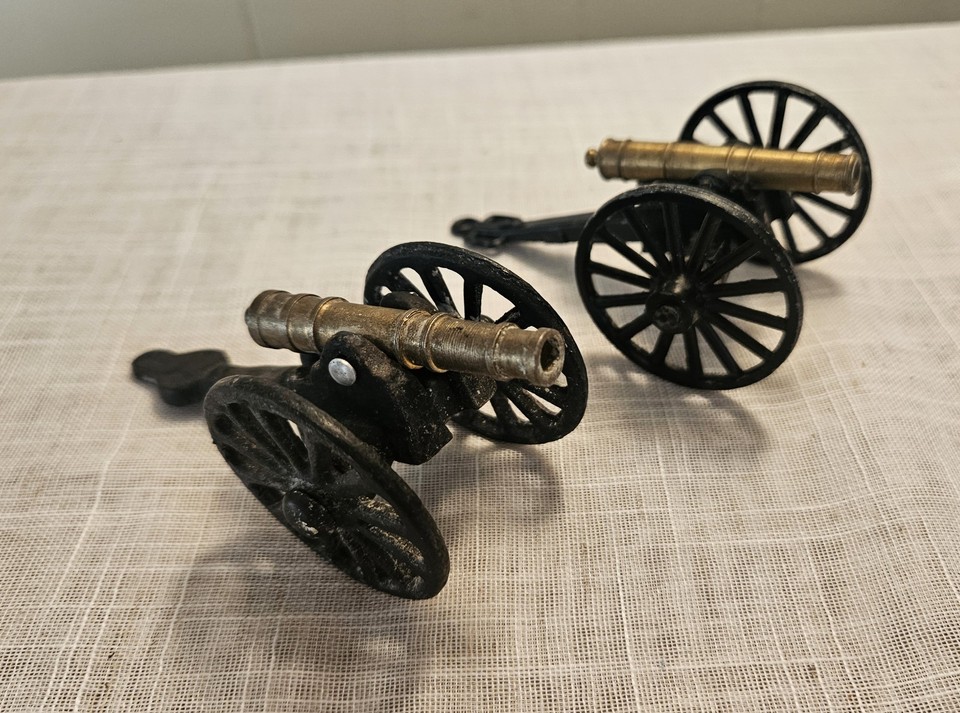 2 Vintage Brass & Cast Iron Miniature Toy Cannons 4 1/4 & 5 1/2 Inches ...