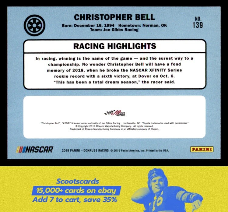 2019 Donruss 1986 Retro Christopher Bell card #139 Joe Gibbs Racing ...