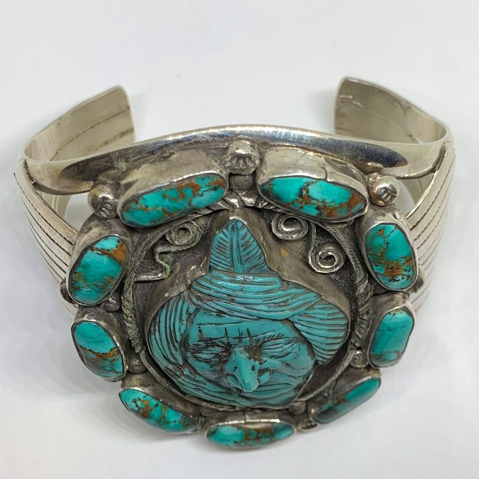 Carved Turquoise Native American Brave + Stones 925 Silver Cuff ...