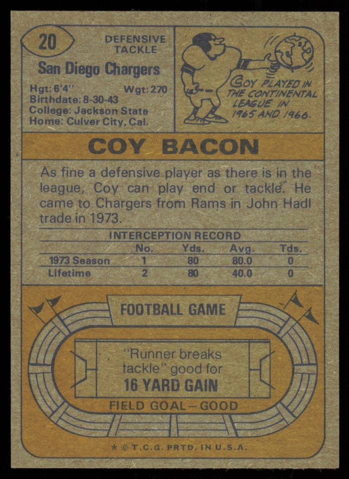 1974 Topps Football #20 Coy Bacon San Diego Chargers | eBay