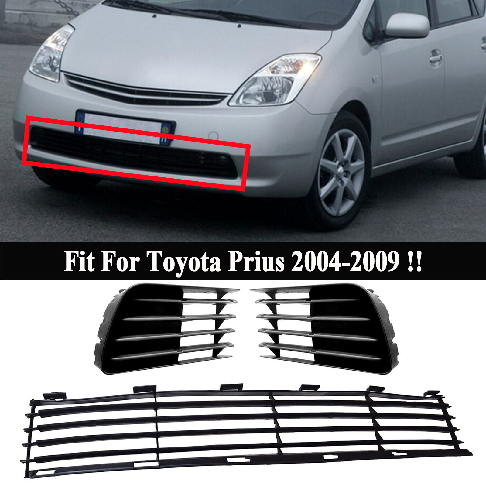 3PCS For Toyota Prius 2004-2009 Front Lower Bumper Grille & Fog Light ...