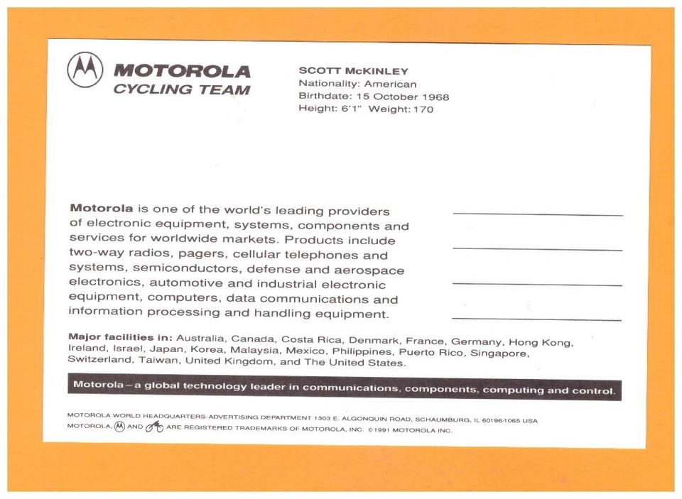 SPORT VELO / Coureur Cycliste Scott McKINLEY EQUIPE Américaine MOTOROLA ...