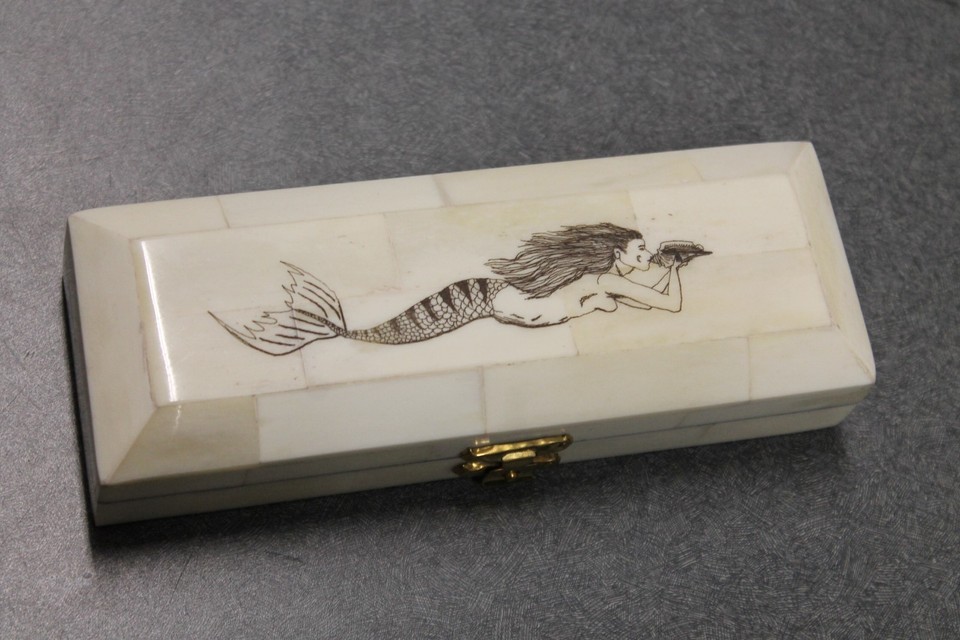 Antique Style Mermaid Scrimshaw Etched Bone & Wood Trinket Stamp ...