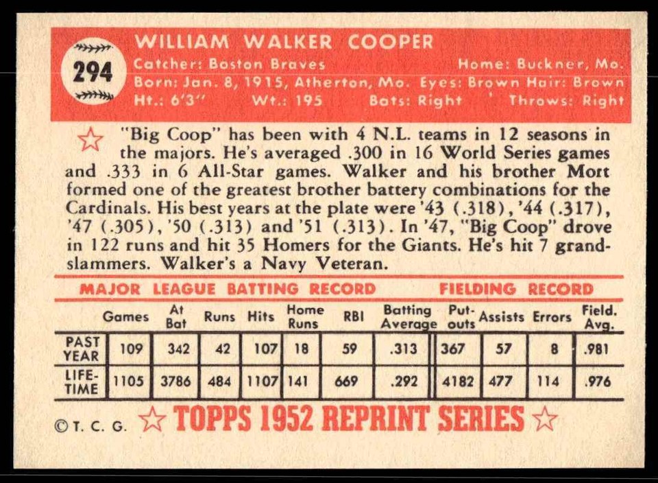 1983 Topps 1952 Reprint Series Walker Cooper Boston Braves #294 | eBay