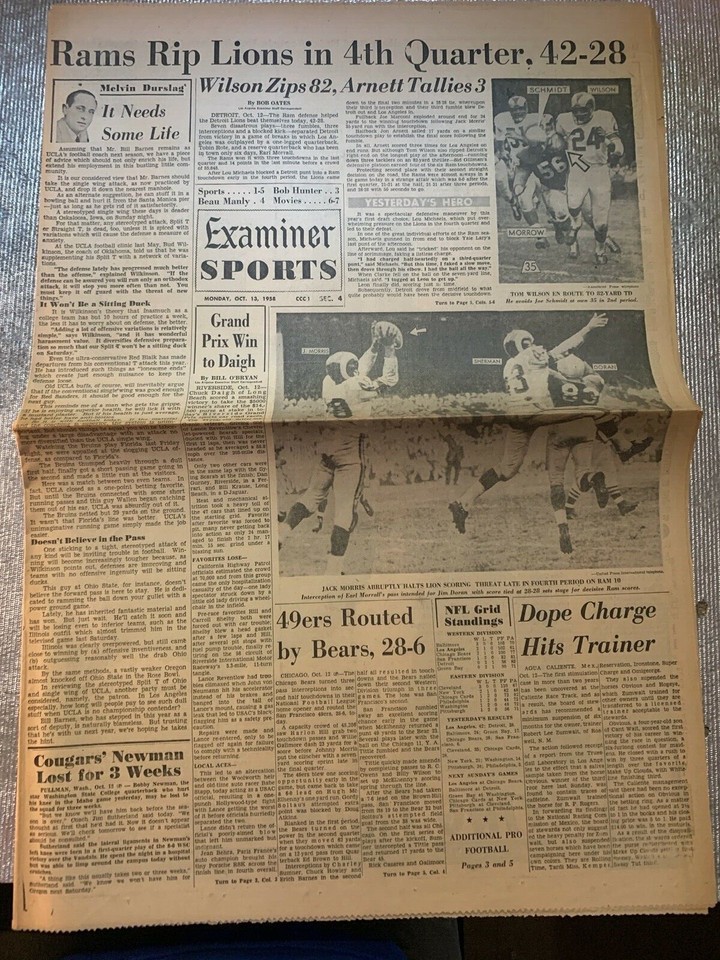 Los Angeles Rams 10/13/1958 Los Angeles Examiner newspaper vs Detroit ...