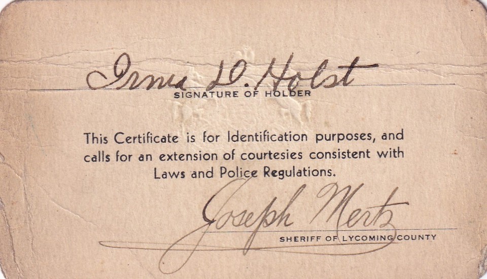 PENNSYLVANIA LYCOMING COUNTY 1030's SHERIFF JOSEPH MERTZ COURTESY CARD ...