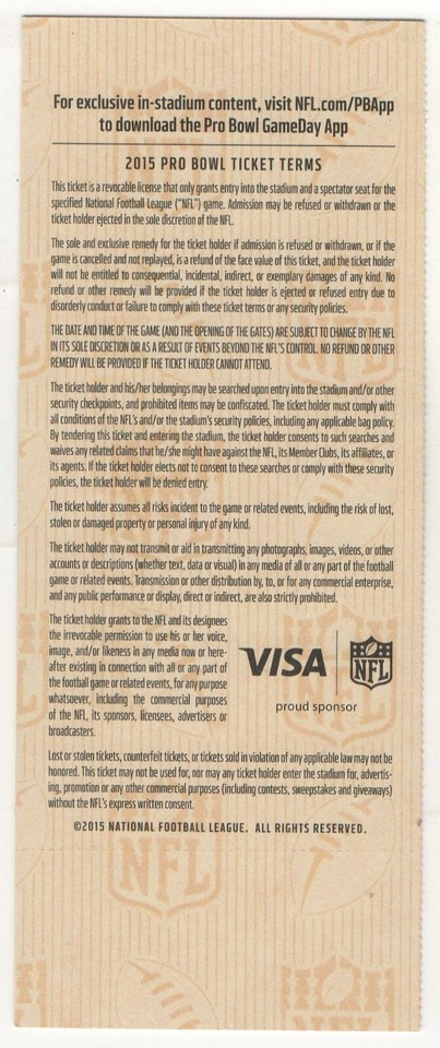 2015 PRO BOWL Football Ticket 1/25/15 Phoenix Arizona MATTHEW STAFFORD ...