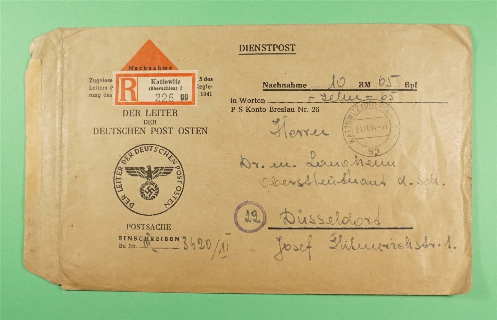 DR WHO 1944 GERMANY DIENSTPOST OSTEN COD REGISTERED KATTOWITZ TO ...
