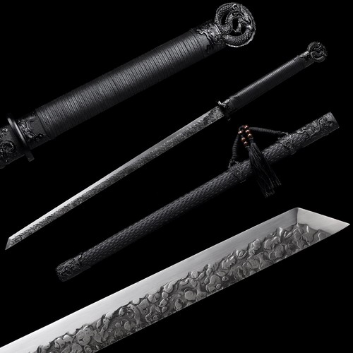 Japanese Sword Black 9260 Spring Steel Ninja Straight Ninjato Full Tang ...
