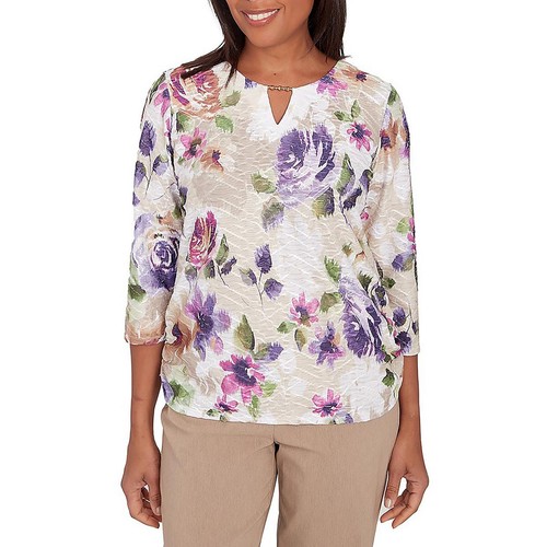 Alfred Dunner Womens Ivory Floral Print Textured Blouse Top Petites PM ...