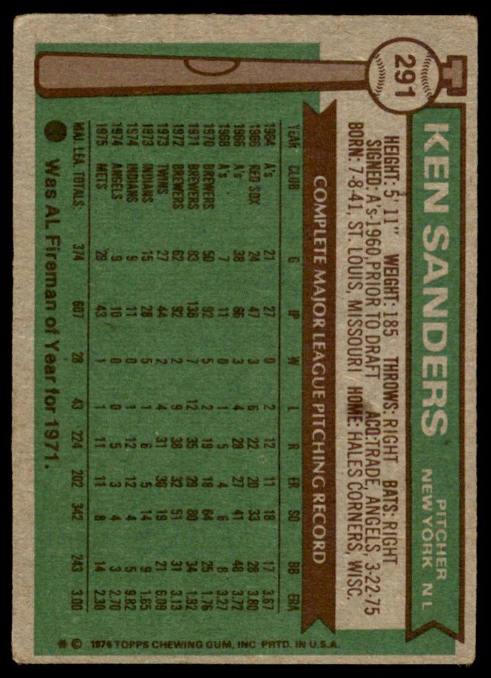 1976 Topps #291 Ken Sanders New York Mets | eBay