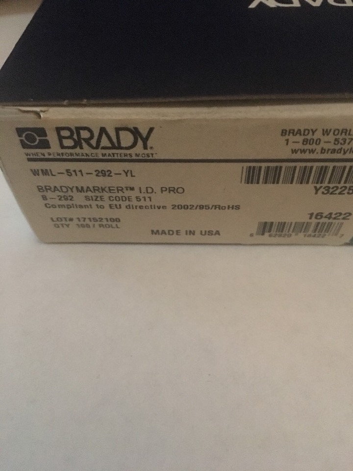 Brady WML-511-292-YL I.D. PRO Plus 100 Roll Yellow Y32256 Free Shipping ...