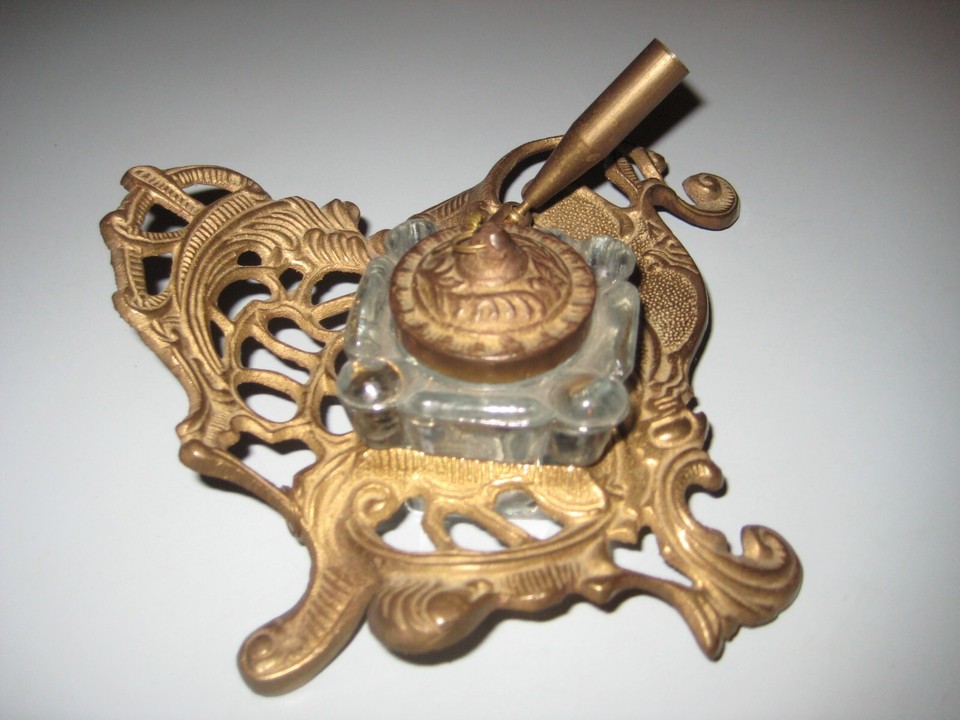FOOTED ORNATE INKWELL SIDE DISH PEN HOLDER MADE IN INDIA BRASS GLASS ...