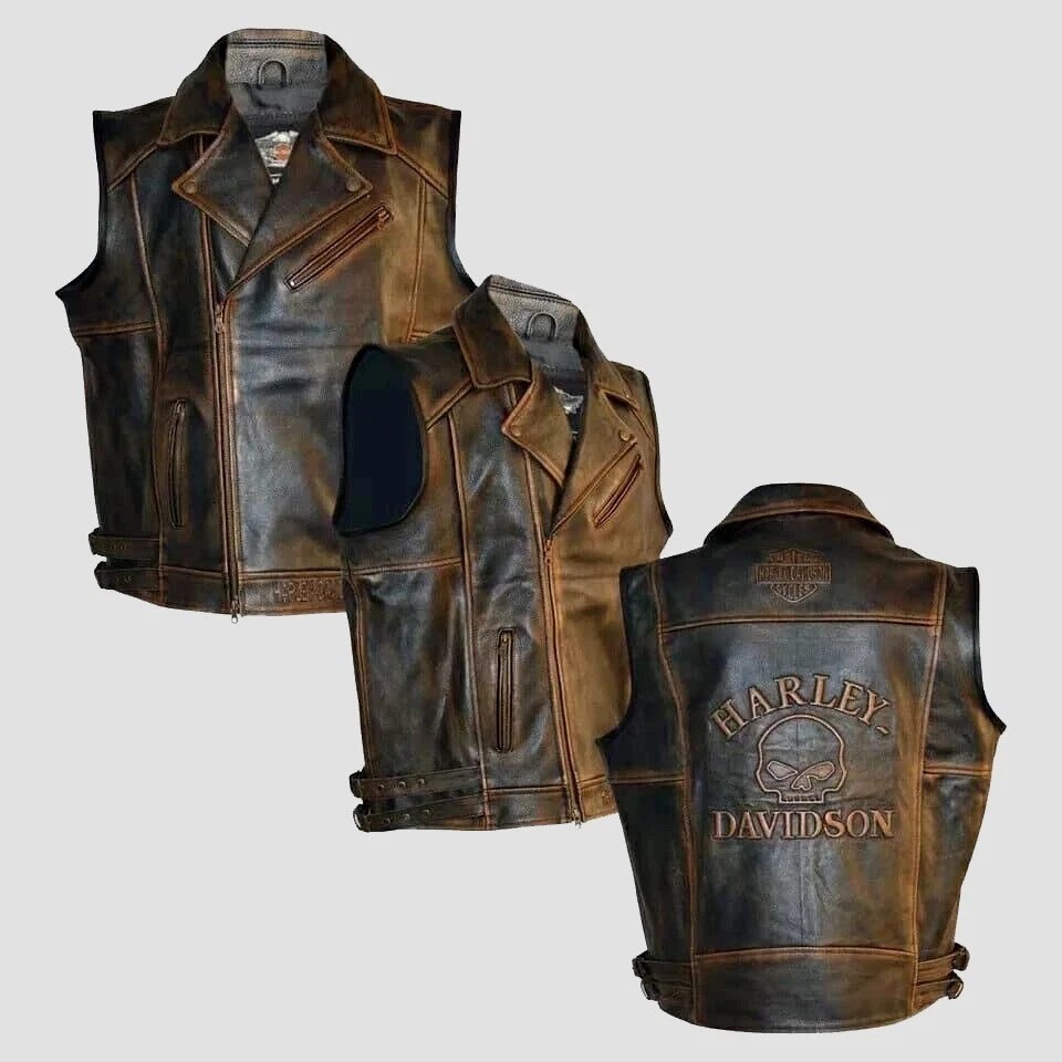 H-Davidson Men's Knuckle Distressed Biker Vests Genuine Leather Riding ...