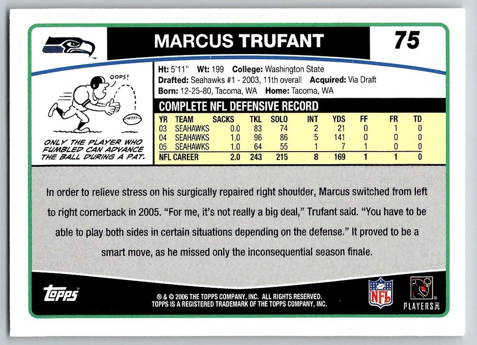 2006 TOPPS MARCUS TRUFANT SEATTLE SEAHAWKS #75 | eBay