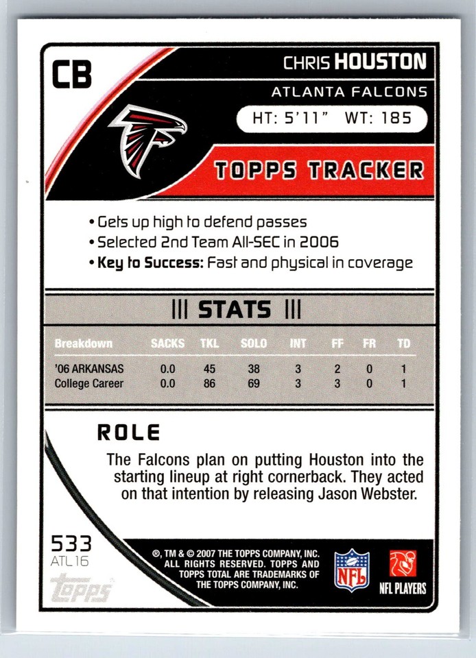 2007 Topps Total Chris Houston Rookie Blue Parallel Atlanta Falcons RC ...