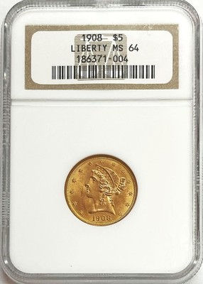 1908 GOLD USA $5 DOLLAR LIBERTY HEAD HALF EAGLE COIN NGC MINT STATE 64 ...