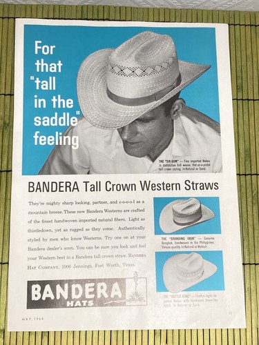 Bandera Straw Cowboy Hats Branding Iron Cattle King Six Gun 1964 Print ...