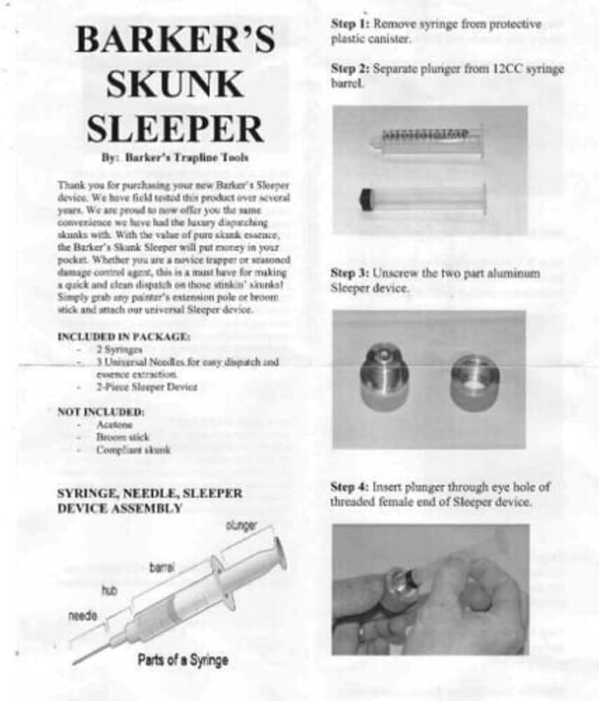 Barker's Skunk Sleeper Dispatch ADC Syringe Trapping Supplies | eBay