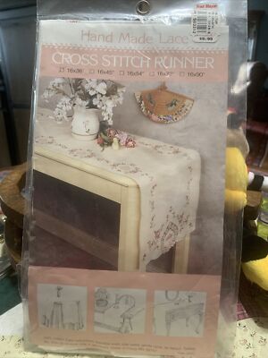 100% COTTON HANDMADE Lace Cross Stitch Beige White Table Runner - 16x36 ...