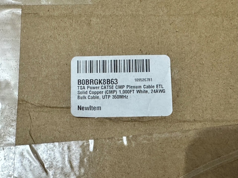 TSA Power 1000ft Cat5e Plenum CMP Ethernet Cable White UTP 350MHz Solid ...