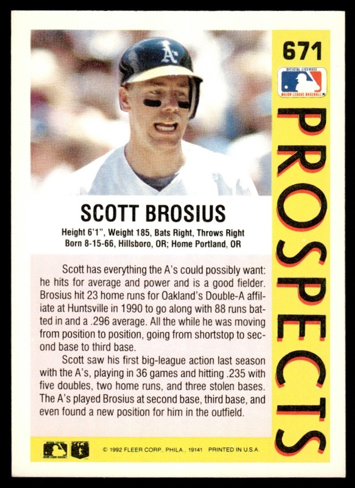 1992 Fleer Top Prospects #671 Scott Brosius Rookie Oakland Athletics | eBay