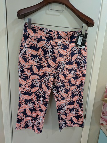 NWT Counterparts Super Stretch Capris Coral Leaves/Navy Sz. 10Petites ...