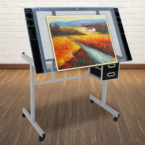 Drafting Table on Wheels Adjustable Glass Tabletop Drawing Desk w ...