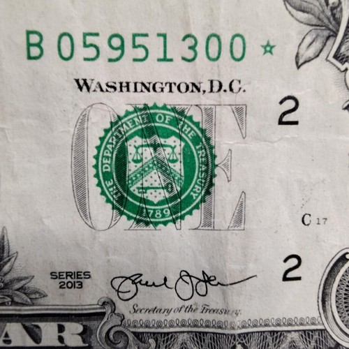 DC Duplicate Serial Number STAR Note B 05951300 ☆ One Dollar $1 Bill ...