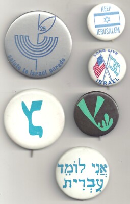 Mixed Lot 6 Jewish Pins ~ HEBREW Jerusalam LONG LIVE ISRAEL 25th Yr ...