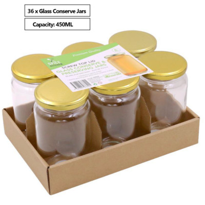 36x Glass Conserve Jar Gold Lid Screw Top Jam Lolly Storage Preserving ...